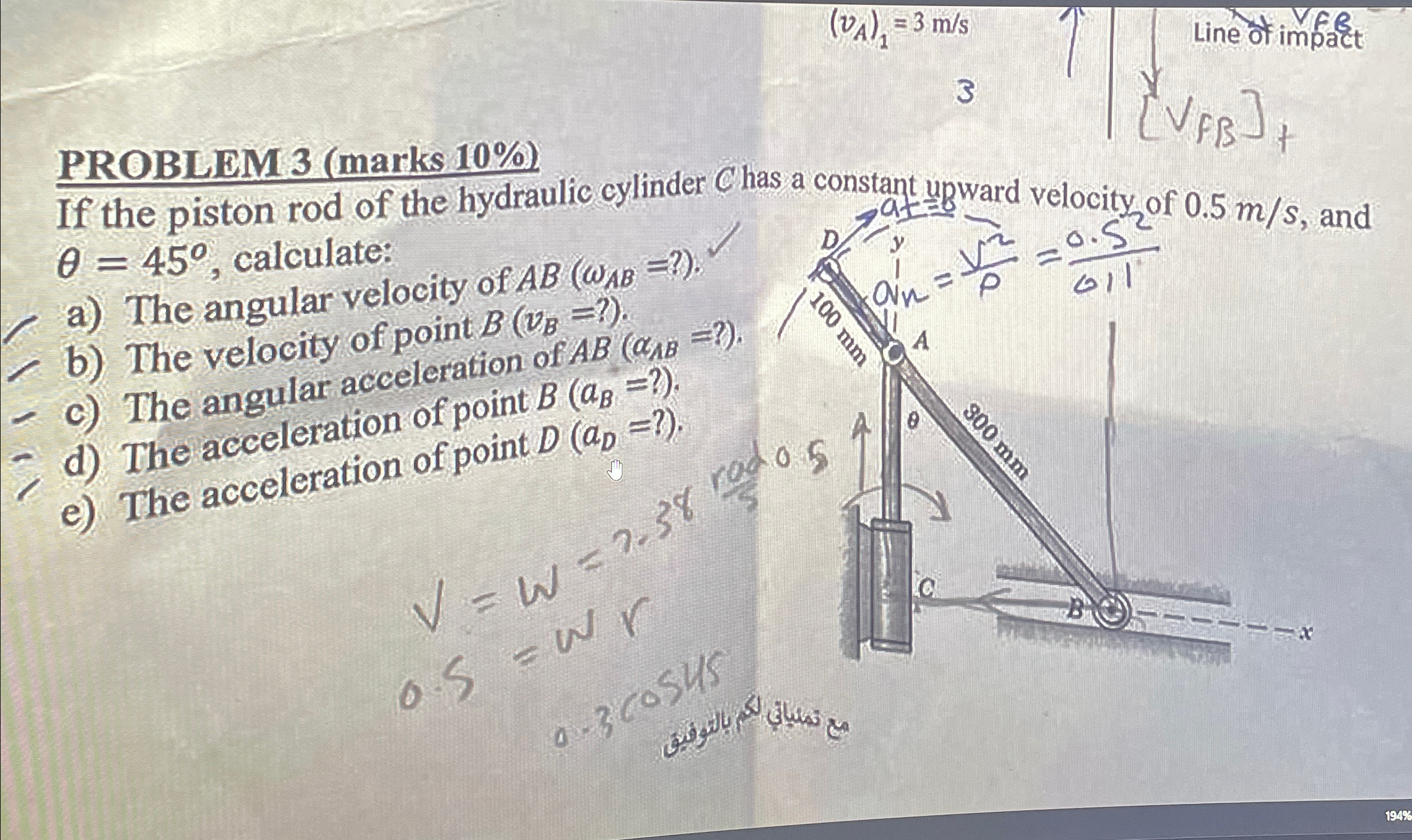 Solved the piston rod of the hydraulic eylinder c has a | Chegg.com