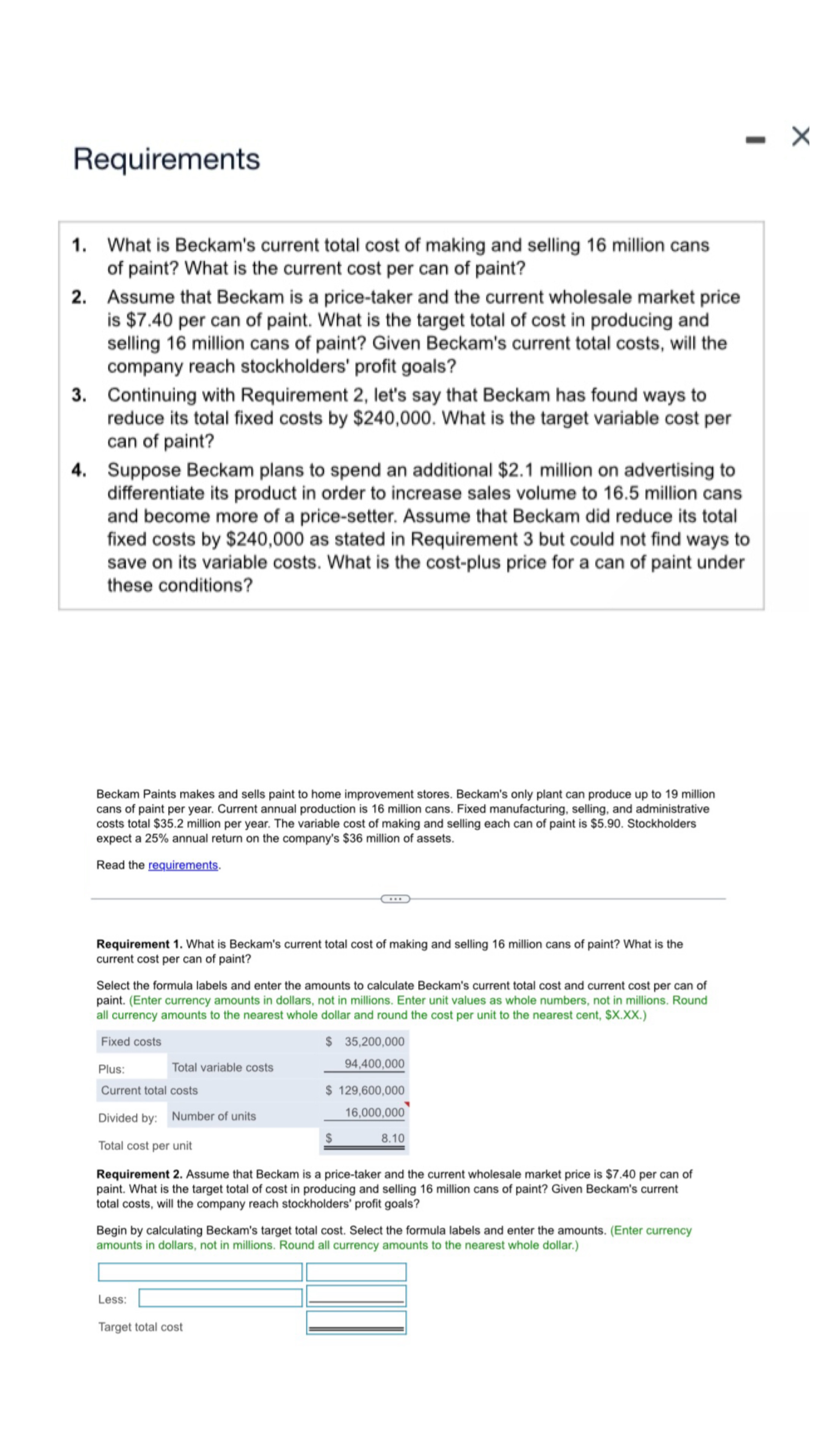 Solved Begin by calculating Beckam's target total cost. | Chegg.com