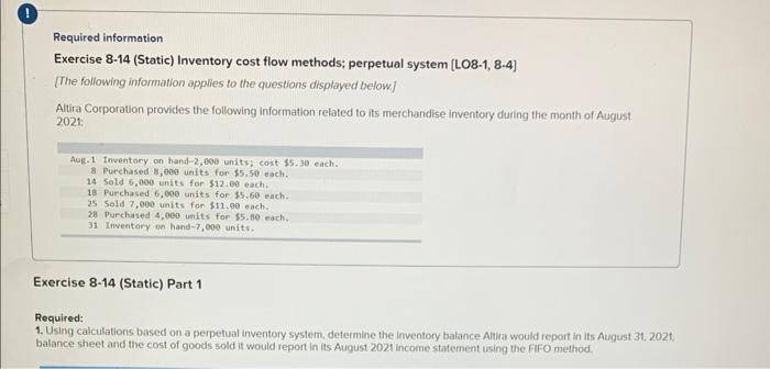Solved Required information Exercise 8-14 (Static) Inventory | Chegg.com