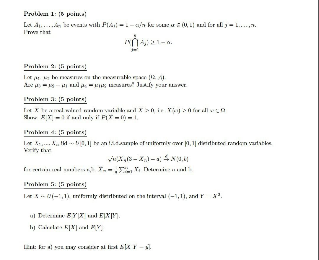 Solved Problem 1: (5 points) Let A1,..., An be events with | Chegg.com