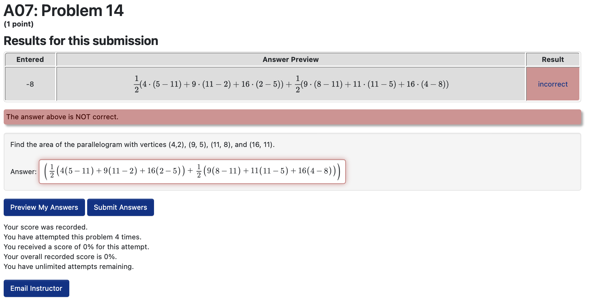 Solved A07: Problem 14(1 ﻿point)Results for this | Chegg.com