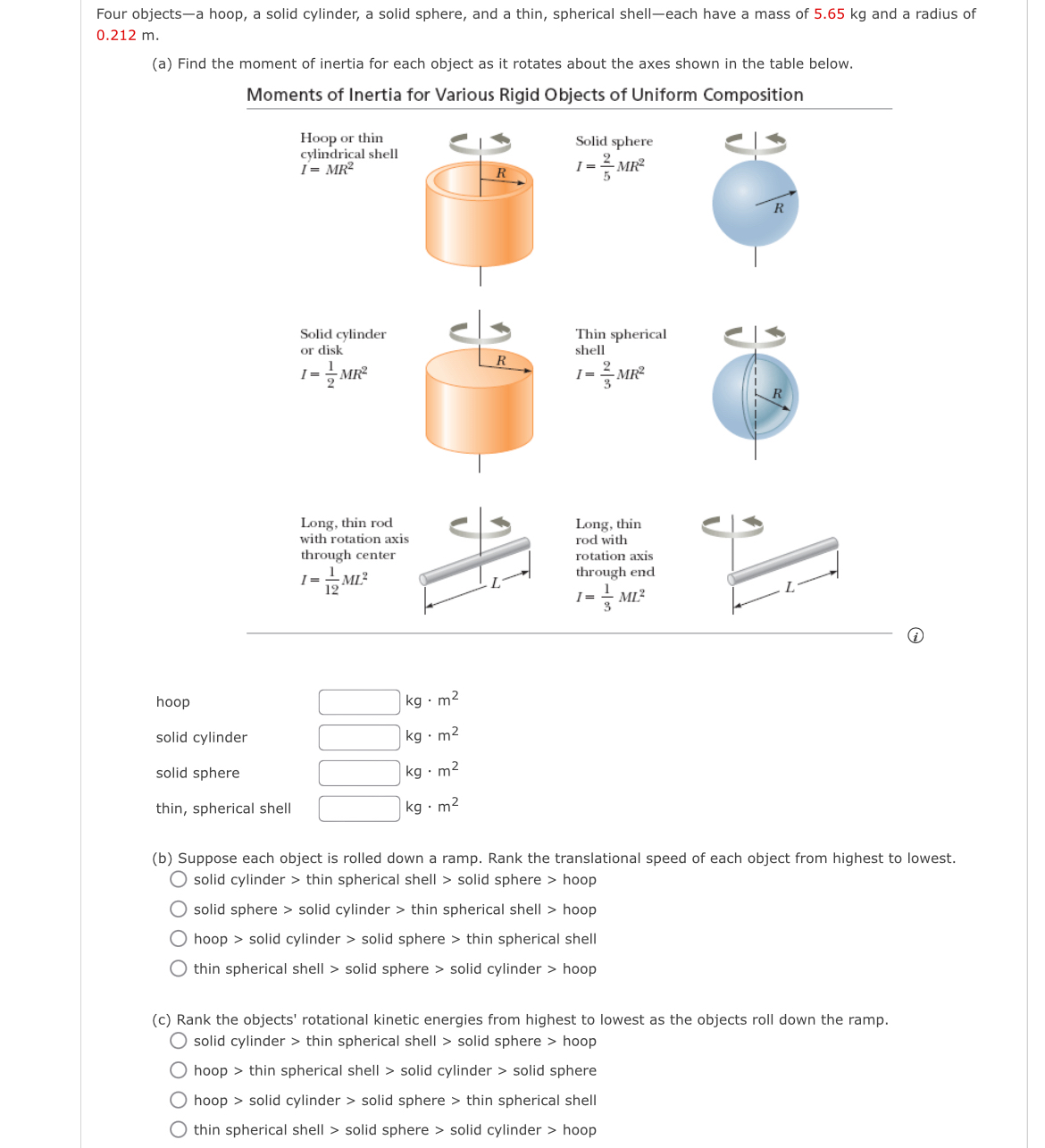 Solved Four objects-a hoop, a solid cylinder, a solid | Chegg.com