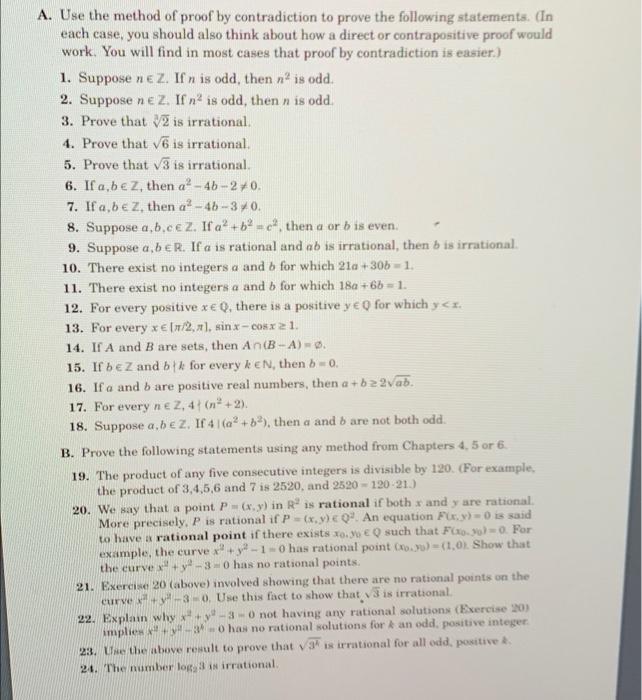 Solved A. Use the method of proof by contradiction to prove | Chegg.com