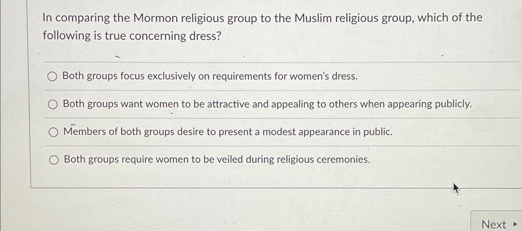 Solved In comparing the Mormon religious group to the Muslim | Chegg.com