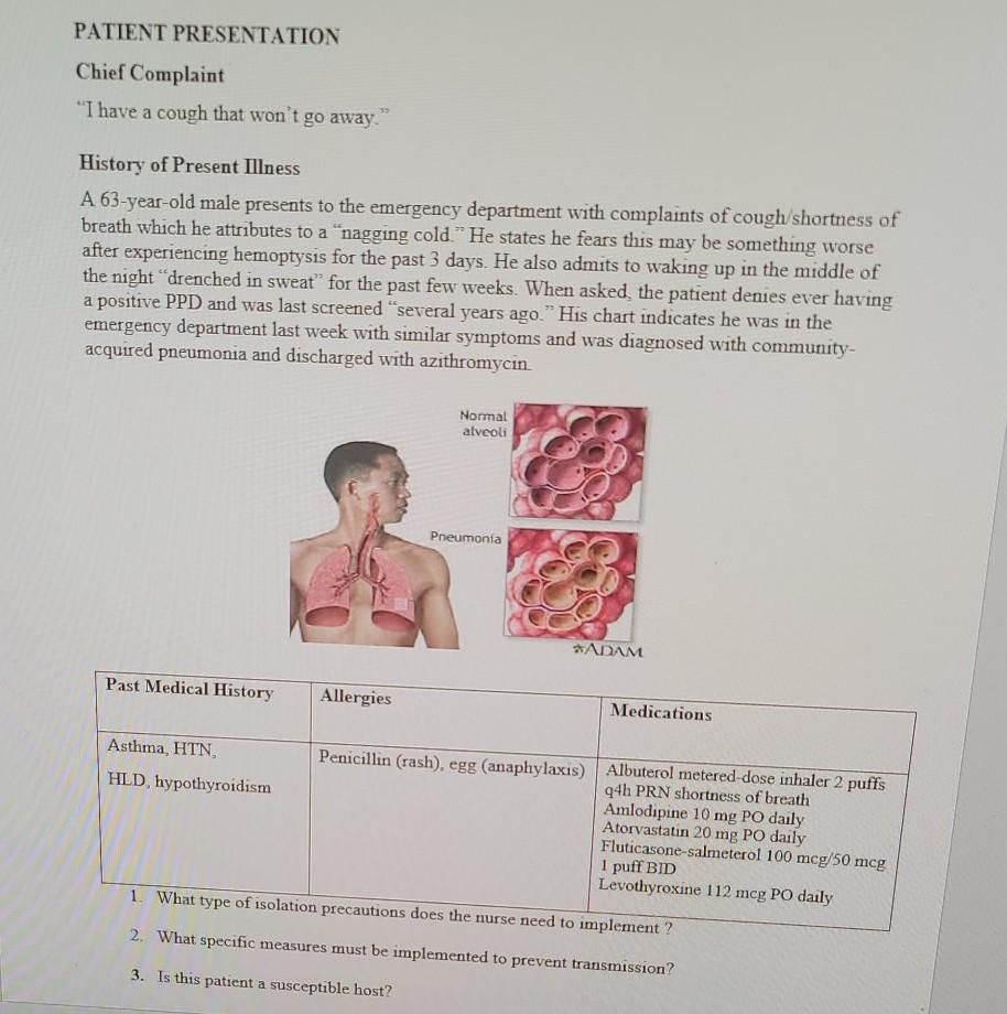 Solved PATIENT PRESENTATION Chief Complaint "I have a cough | Chegg.com