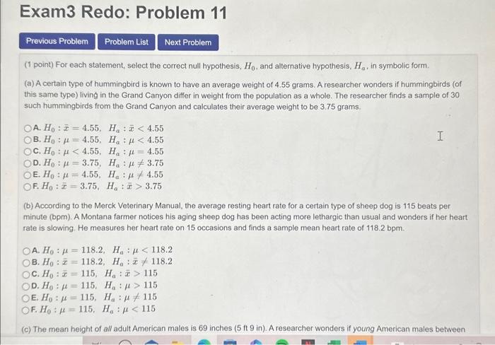 Solved (1 point) For each statement, select the correct null | Chegg.com