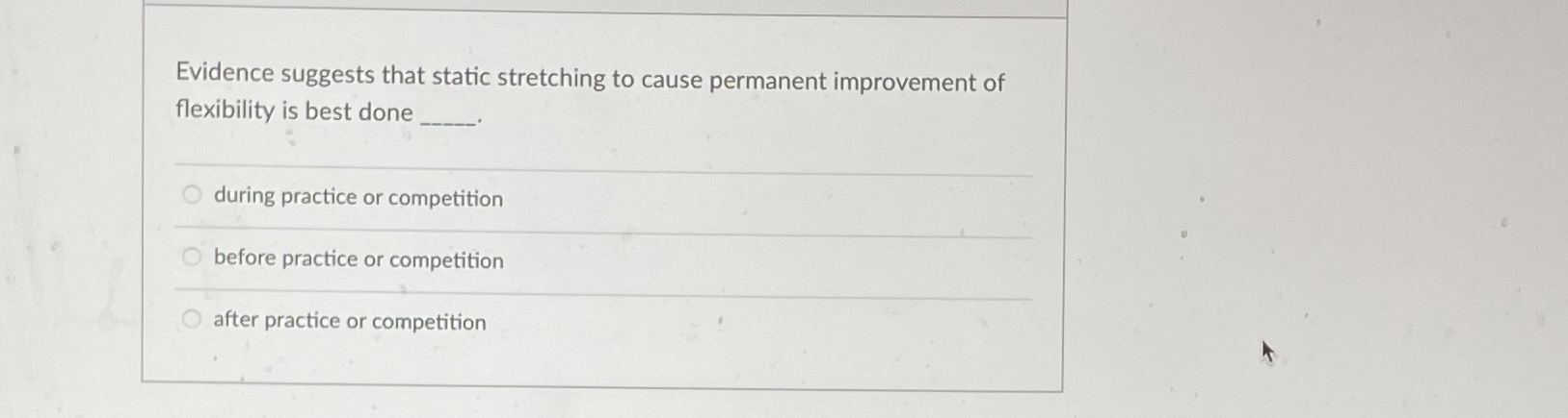 Solved Evidence suggests that static stretching to cause | Chegg.com