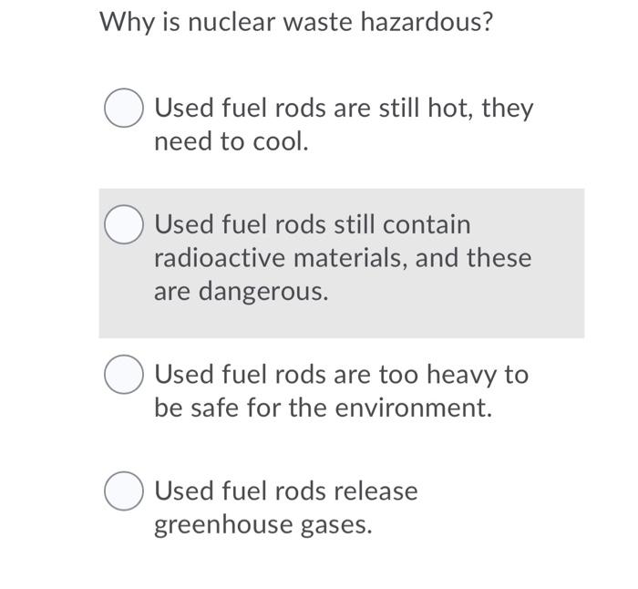 Solved Why is nuclear waste hazardous? Used fuel rods are | Chegg.com