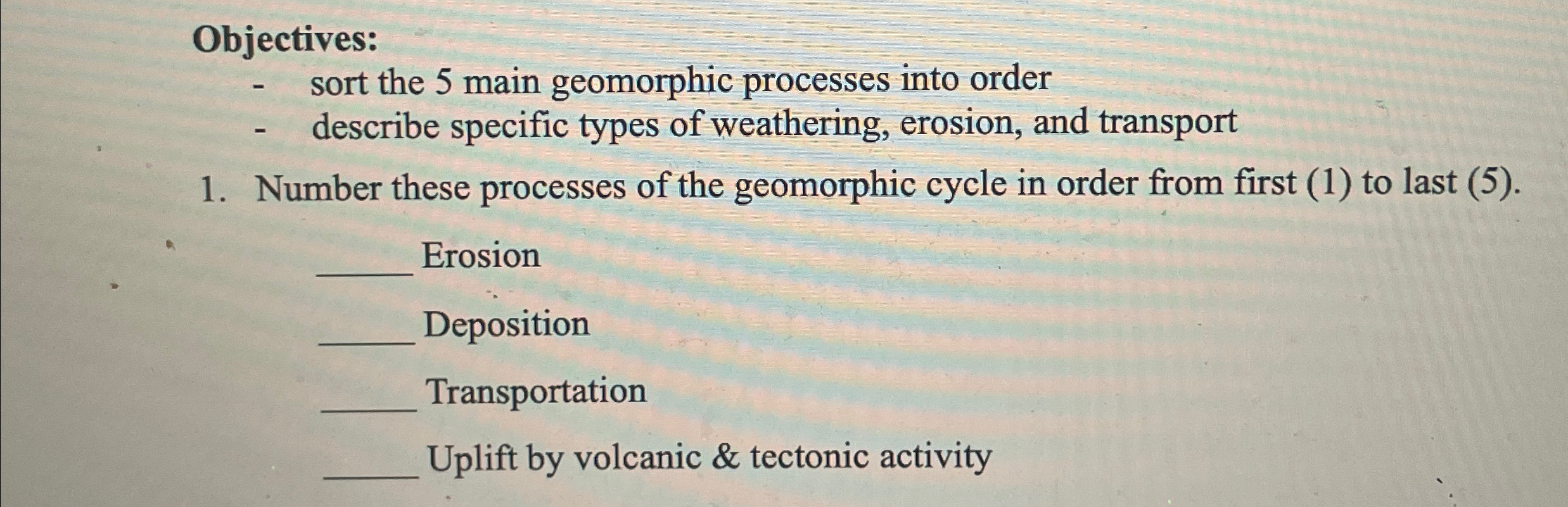 Solved Objectives:sort the 5 ﻿main geomorphic processes into | Chegg.com