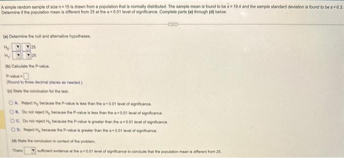Solved A simple random sample of size n=15 is drawn from a | Chegg.com