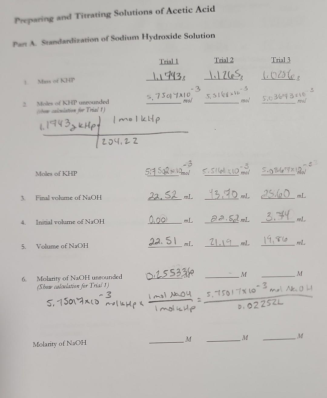 Solved Proparing and Titrating Solutions of Acetic Acid Part | Chegg.com