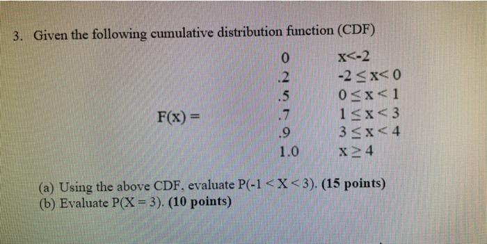 Solved 3. Given the following cumulative distribution | Chegg.com