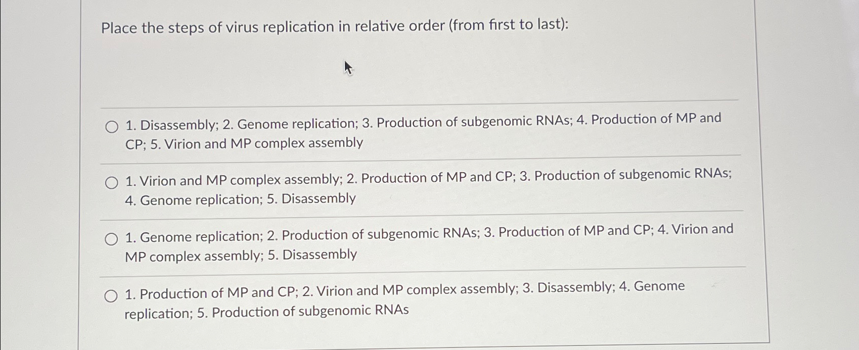 Solved Place the steps of virus replication in relative | Chegg.com