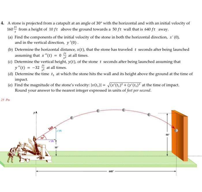Solved 4. A stone is projected from a catapult at an angle | Chegg.com