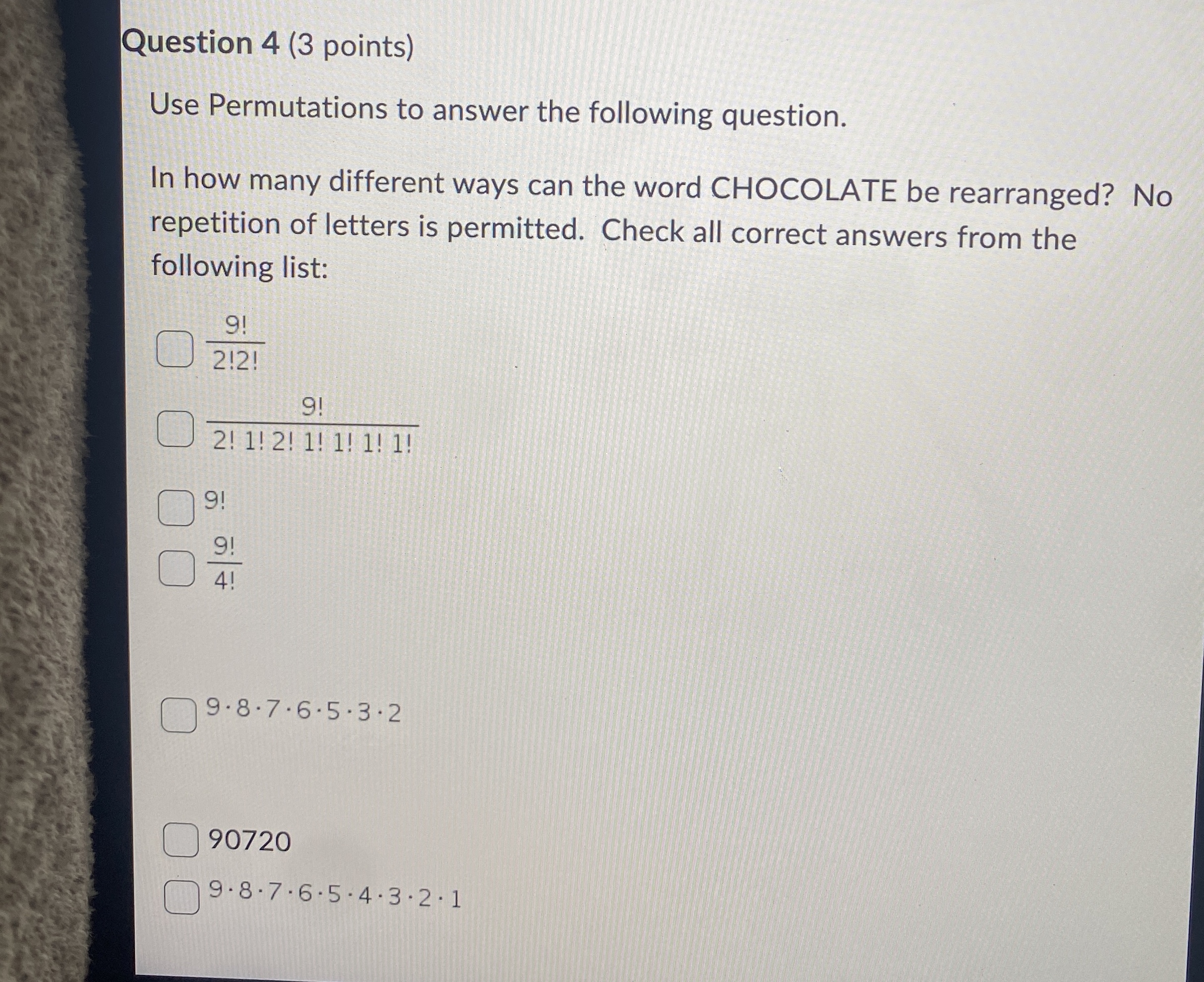 Solved Question 4 (3 ﻿points)Use Permutations to answer the | Chegg.com