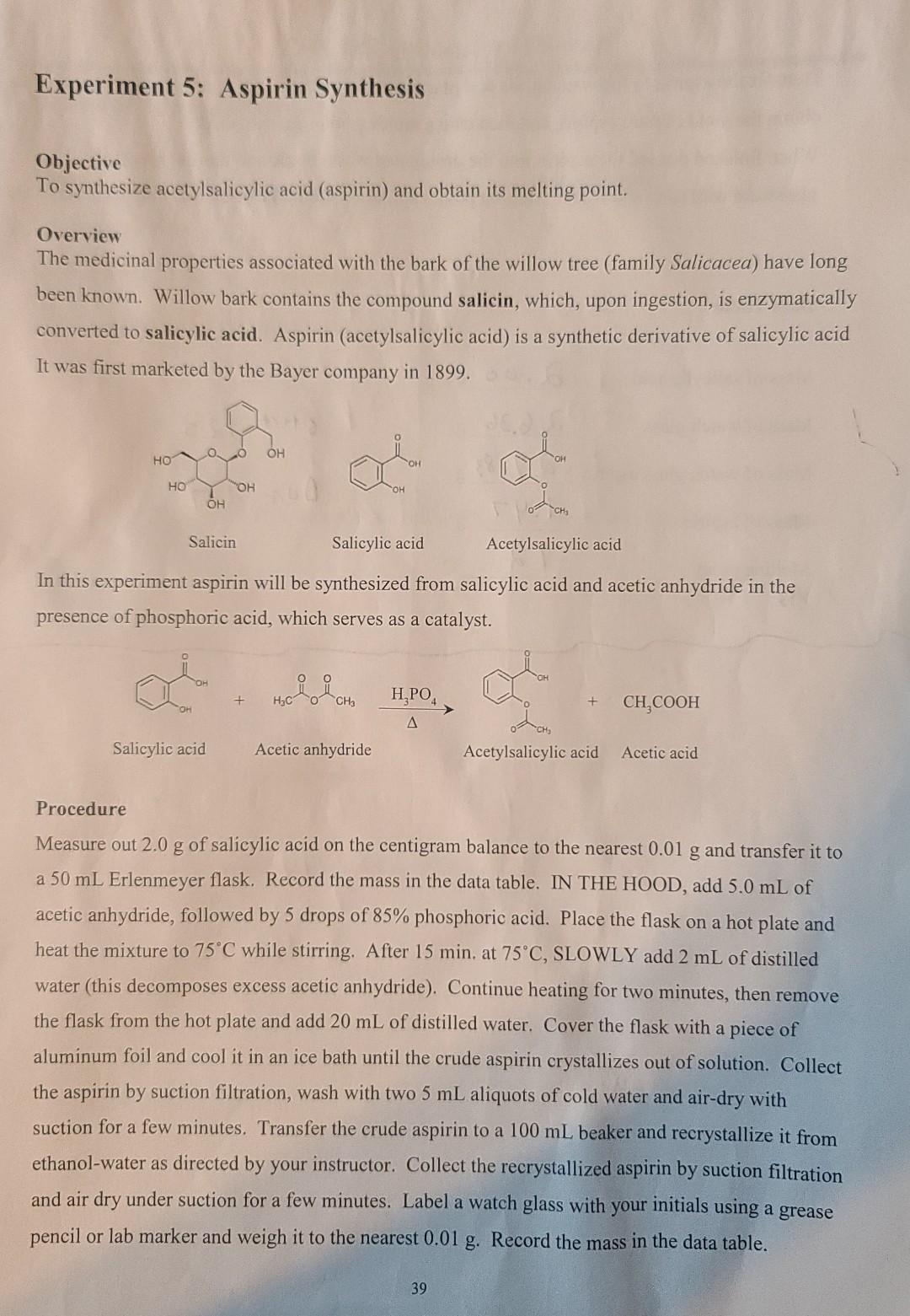 Solved Experiment 5: Aspirin Synthesis Objective To | Chegg.com