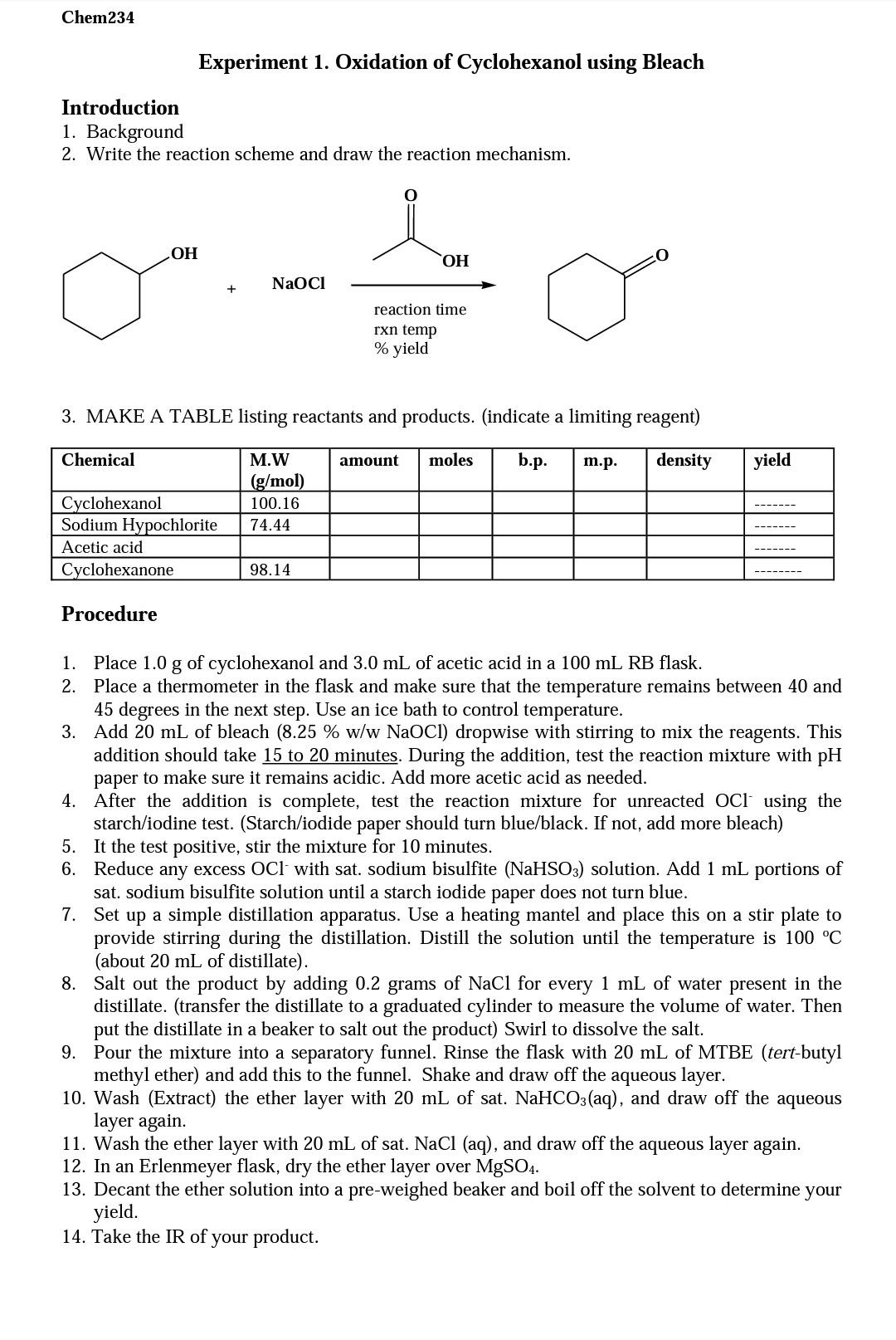 Solved Chem 234 Experiment 1. Oxidation of Cyclohexanol | Chegg.com