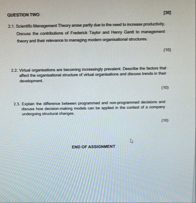 Solved QUESTION TWO[30]21. ﻿Scientific Management Theory | Chegg.com