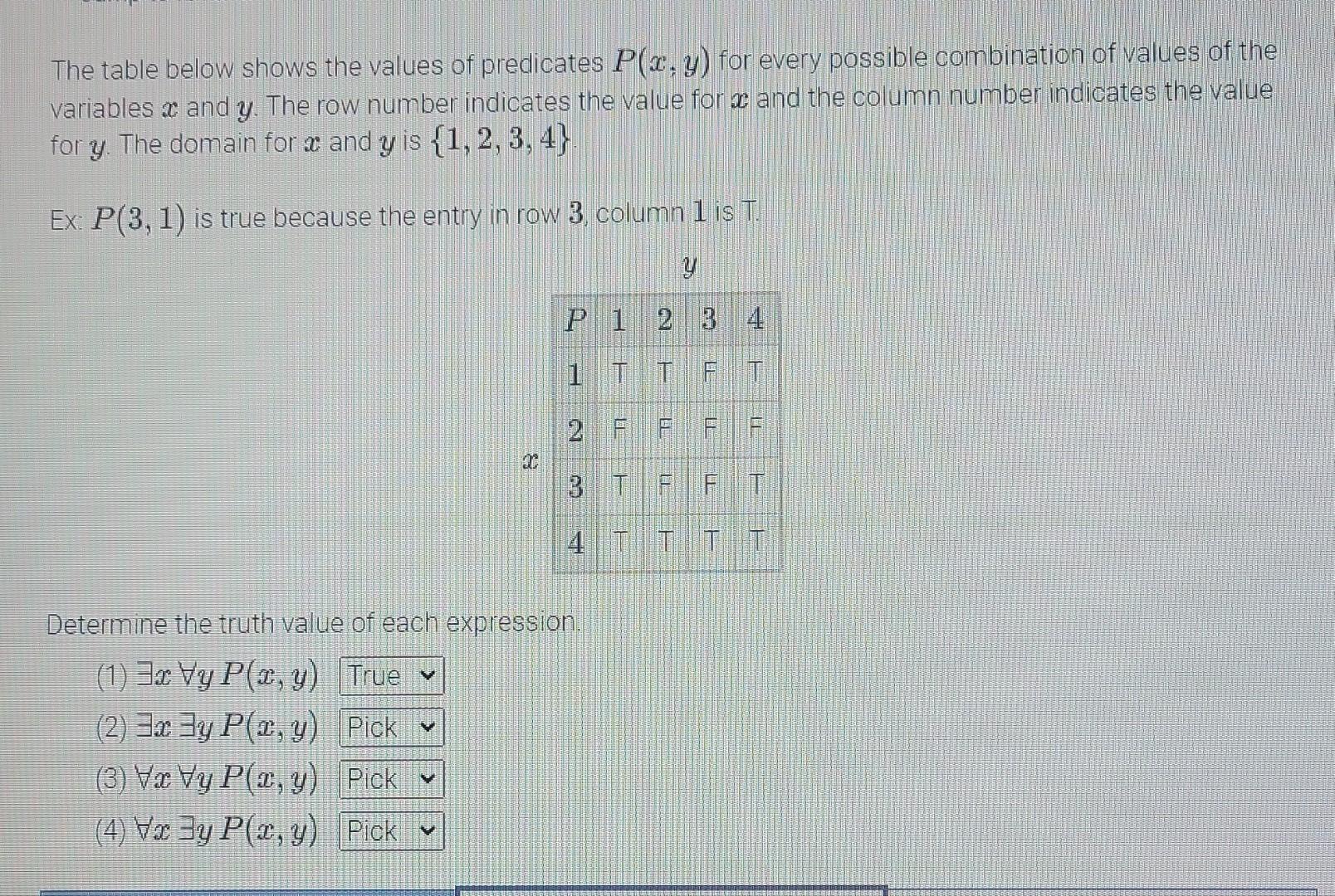 Solved The table below shows the values of predicates P(x,y) | Chegg.com