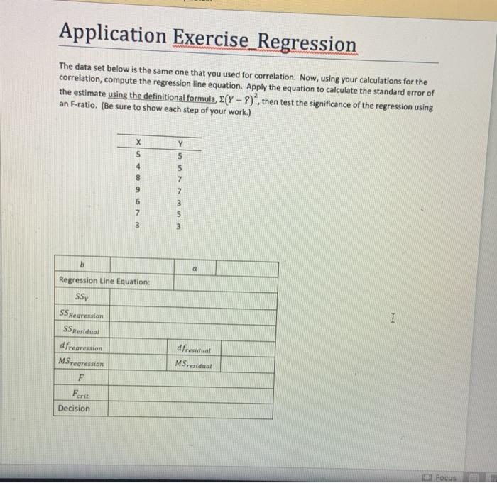 Solved Application Exercise Regression The data set below is | Chegg.com