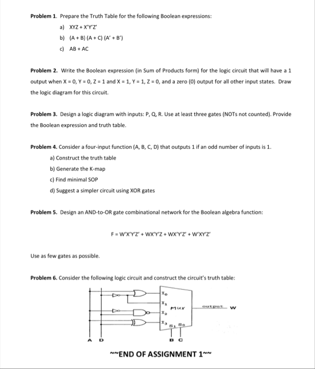 Problem 1. ﻿Prepare the Truth Table for the following | Chegg.com