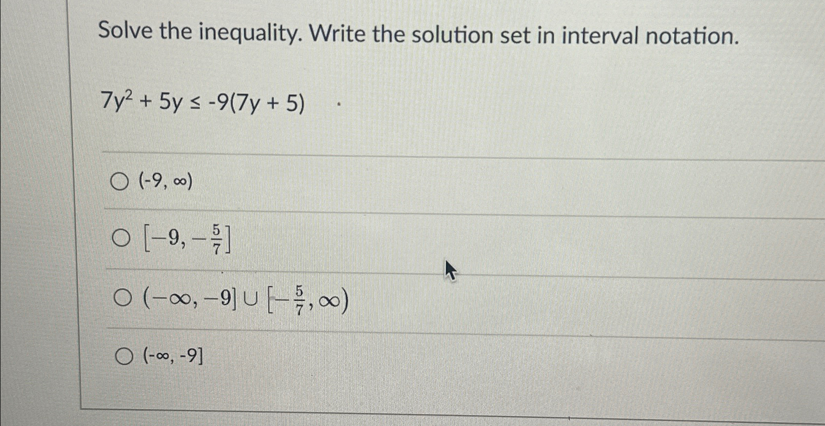 Solved Solve the inequality. Write the solution set in | Chegg.com