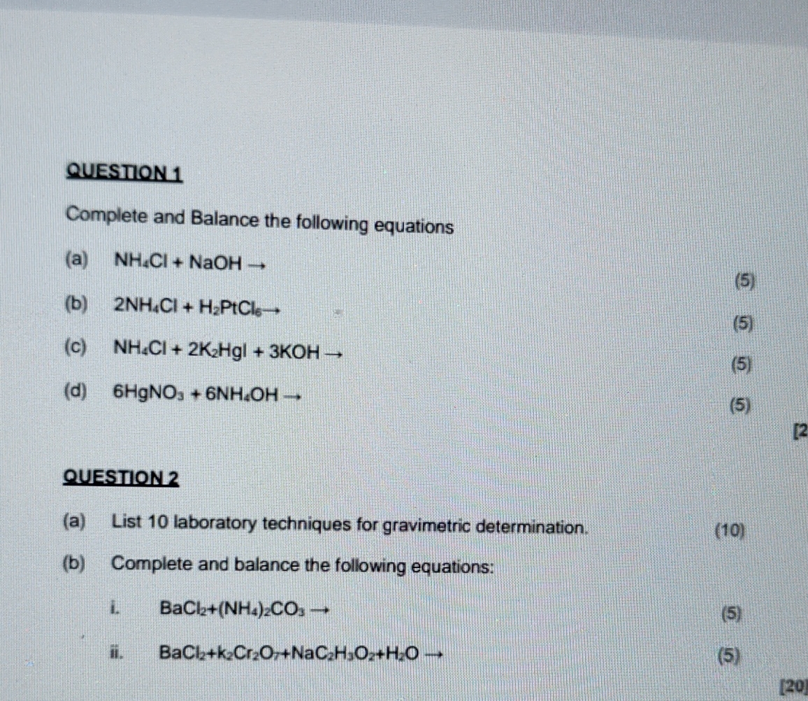 Solved QUESTION1Complete and Balance the following | Chegg.com