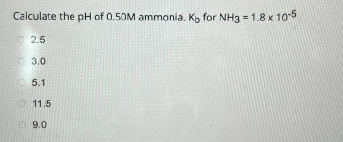 Solved Calculate the pH of 0.50M ammonia. Kb for | Chegg.com