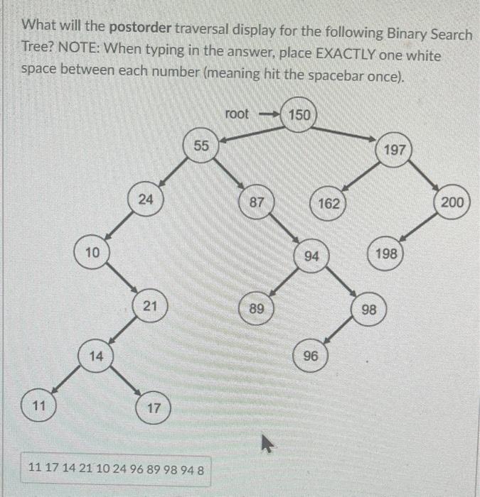 Solved What will the postorder traversal display for the | Chegg.com