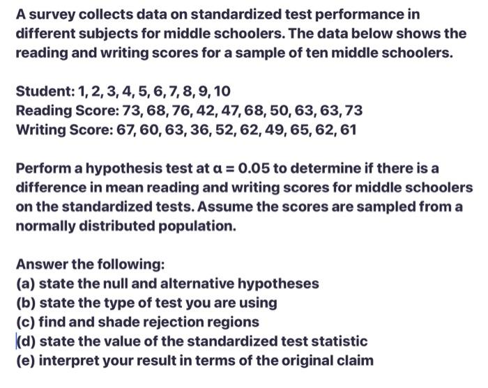 Solved A survey collects data on standardized test | Chegg.com