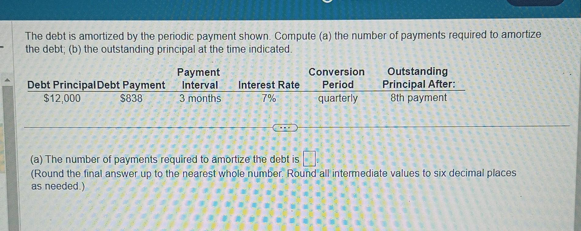 Solved The debt is amortized by the periodic payment shown. | Chegg.com