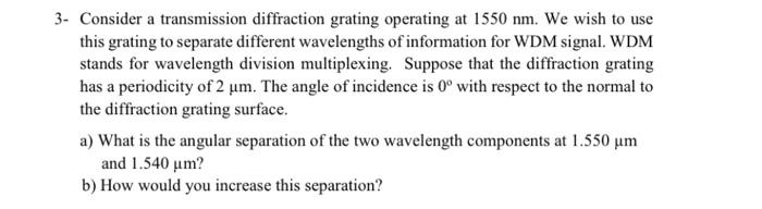 Solved 3- Consider a transmission diffraction grating | Chegg.com