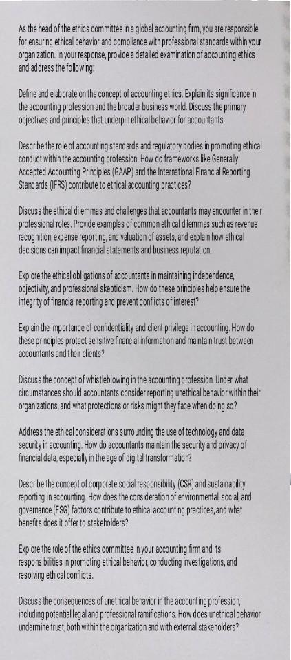 Solved As the head of the ethics committee in a global | Chegg.com