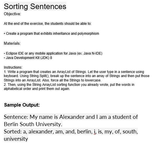 Solved Sorting Sentences Objective: At the end of the | Chegg.com