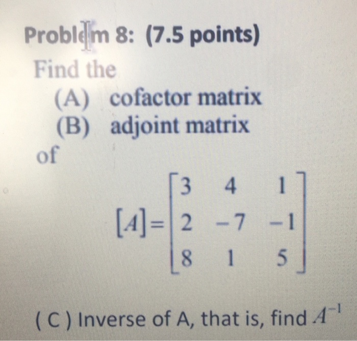 Solved Problem 8: (7.5 points) Find the (A) cofactor matrix | Chegg.com