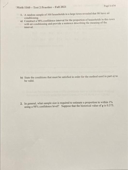 Solved Page 1 of 4 Math 1160 - Test 2 Practice - Fall 2021 | Chegg.com