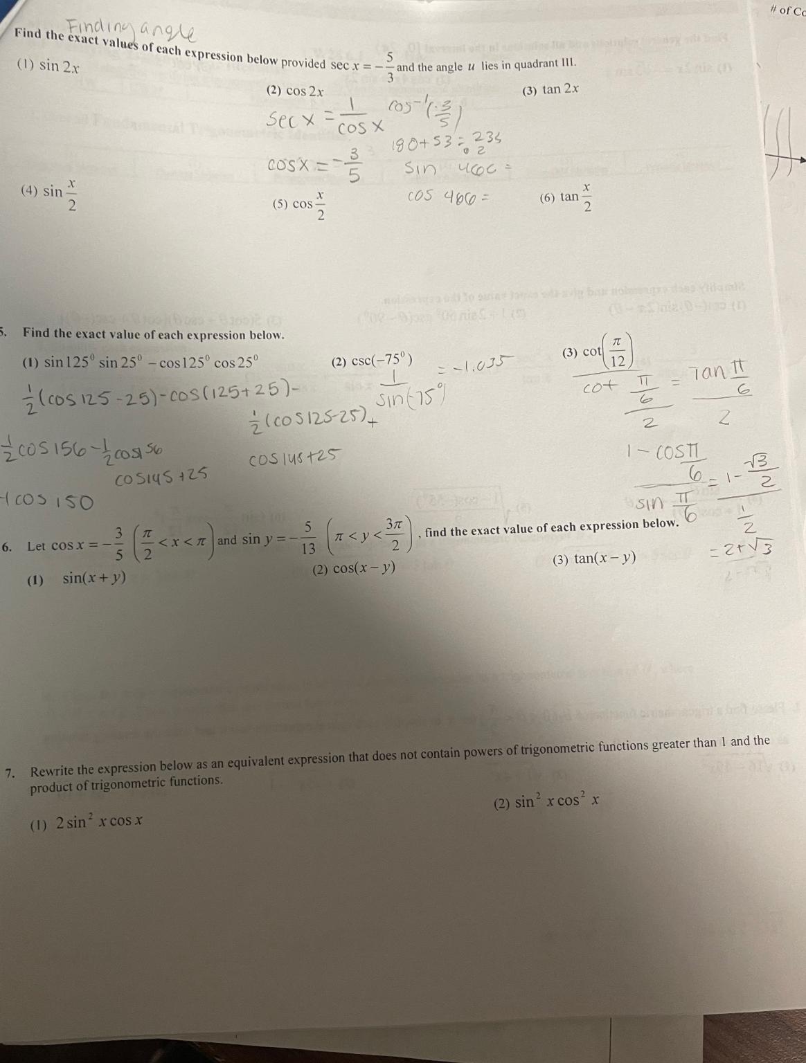 Solved Find the exact values of each expression below | Chegg.com