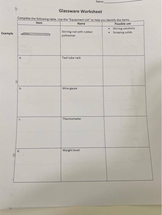 Solved Name Glassware Worksheet Complete the following | Chegg.com