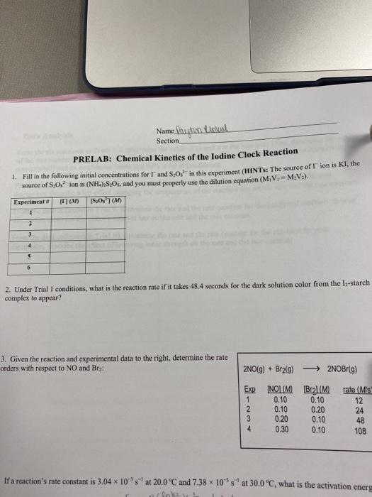 Solved Name Dayton Section PRELAB: Chemical Kinetics of the | Chegg.com