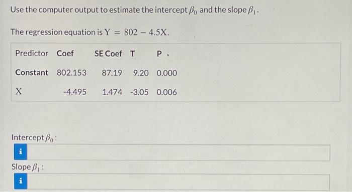 Solved Use the computer output to estimate the intercept B, | Chegg.com