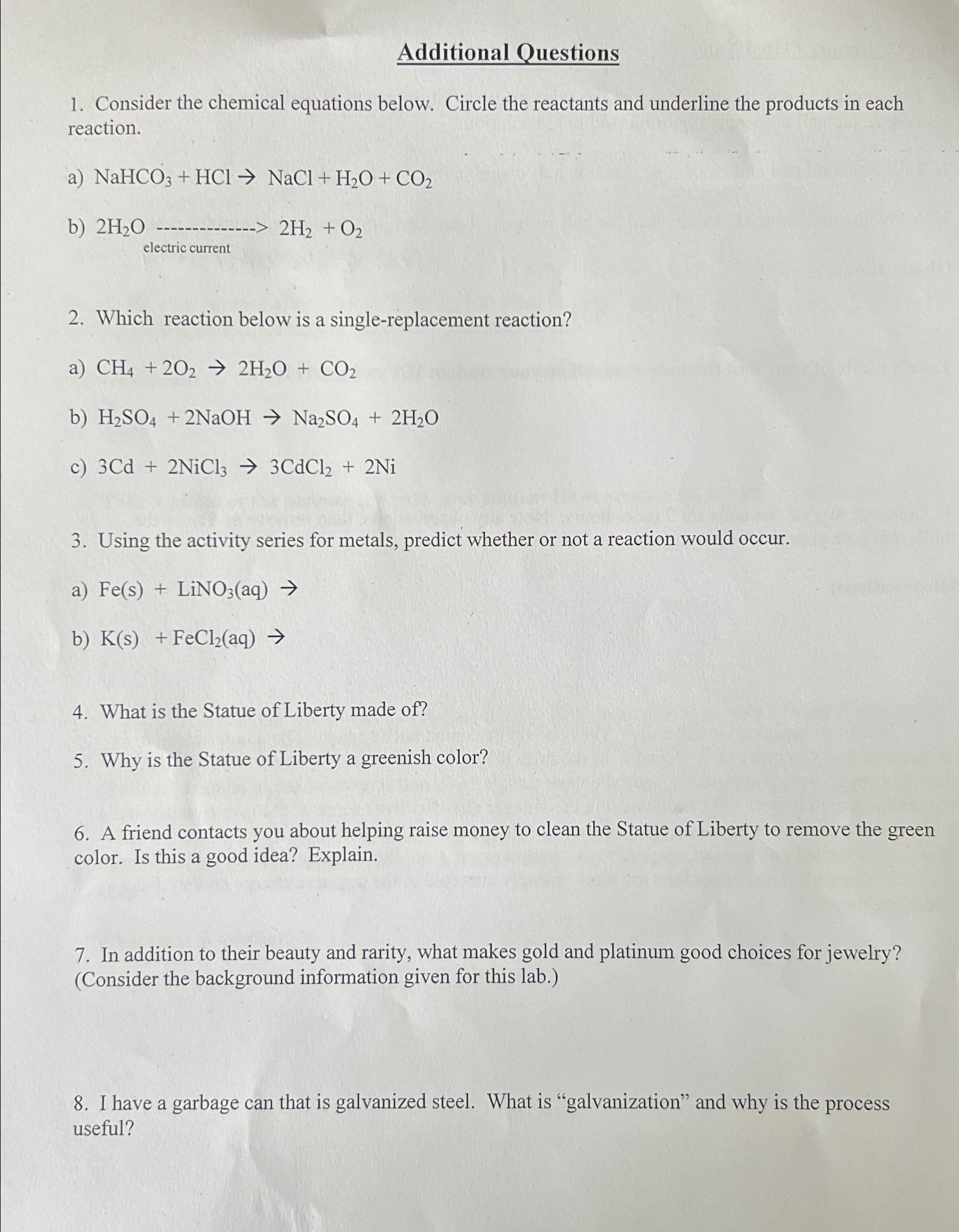 Solved Additional QuestionsConsider the chemical equations | Chegg.com
