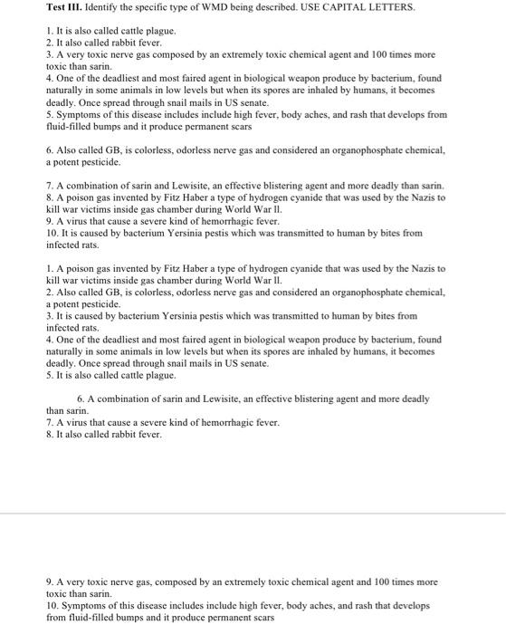 Solved Test III. Identify the specific type of WMD being | Chegg.com