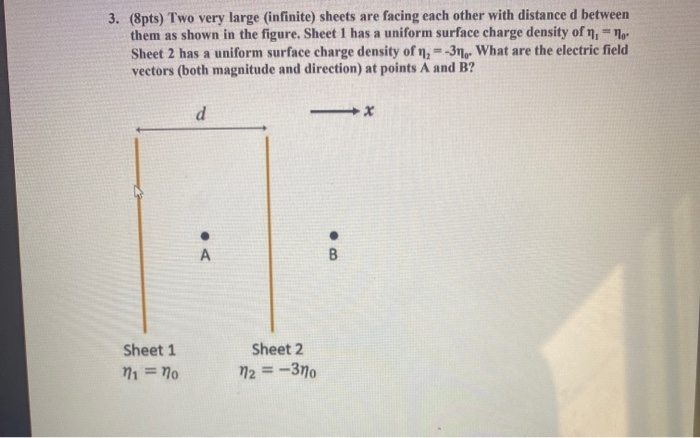 Solved 3. (8pts) Two very large (infinite) sheets are facing | Chegg.com