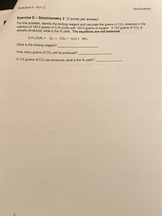 Solved Worksheet 6 - Rev 12 Stoichiometry Exercise | Chegg.com