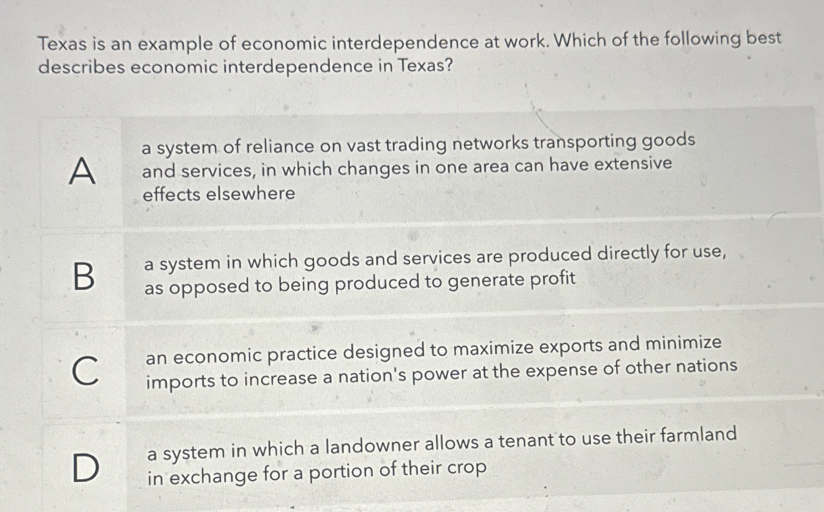 Solved Texas is an example of economic interdependence at | Chegg.com