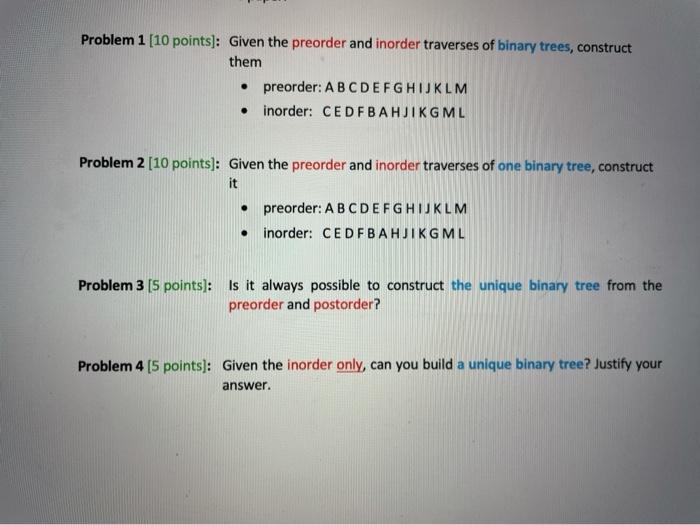 Solved Problem 1 (10 points]: Given the preorder and inorder | Chegg.com