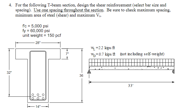 Solved For the following T-beam section, design the shear | Chegg.com