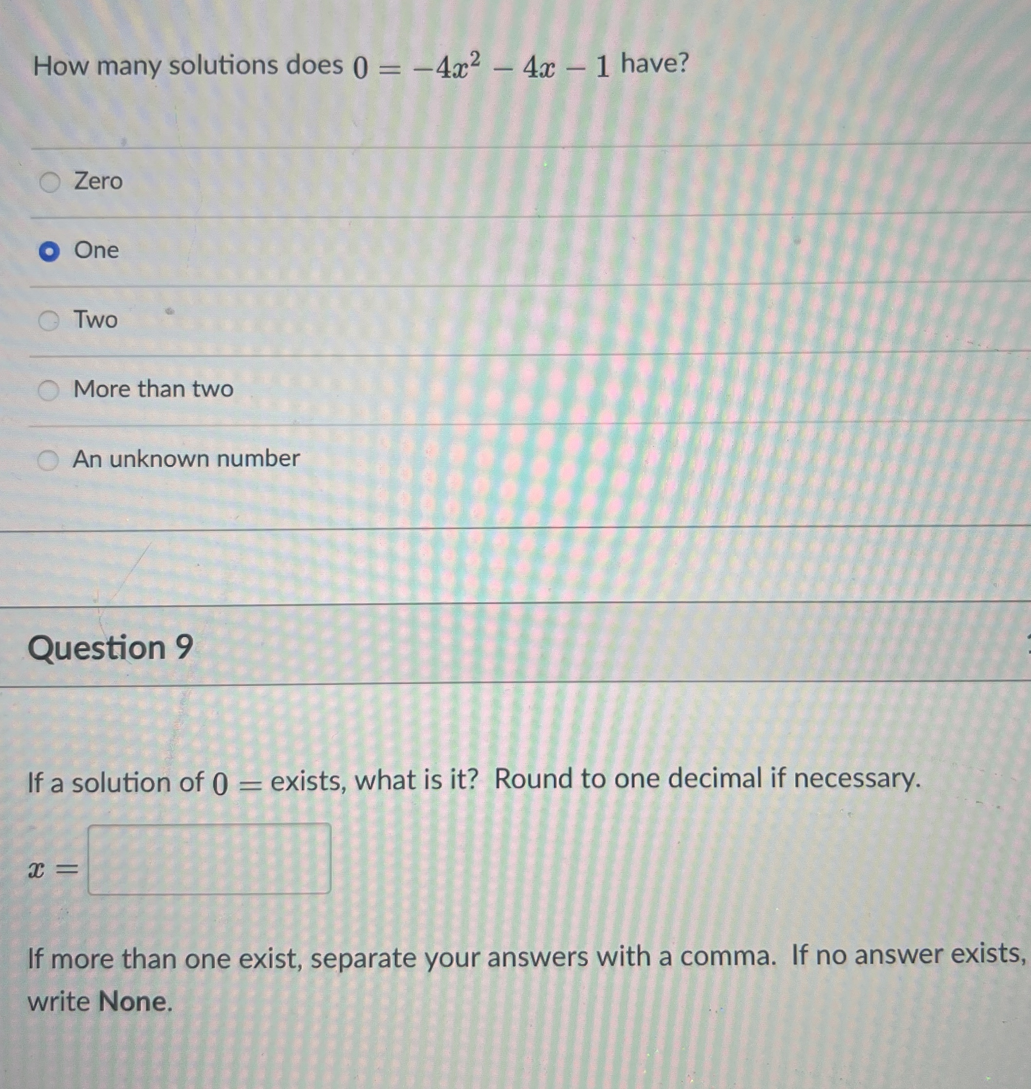 Solved How many solutions does 0=-4x2-4x-1 | Chegg.com