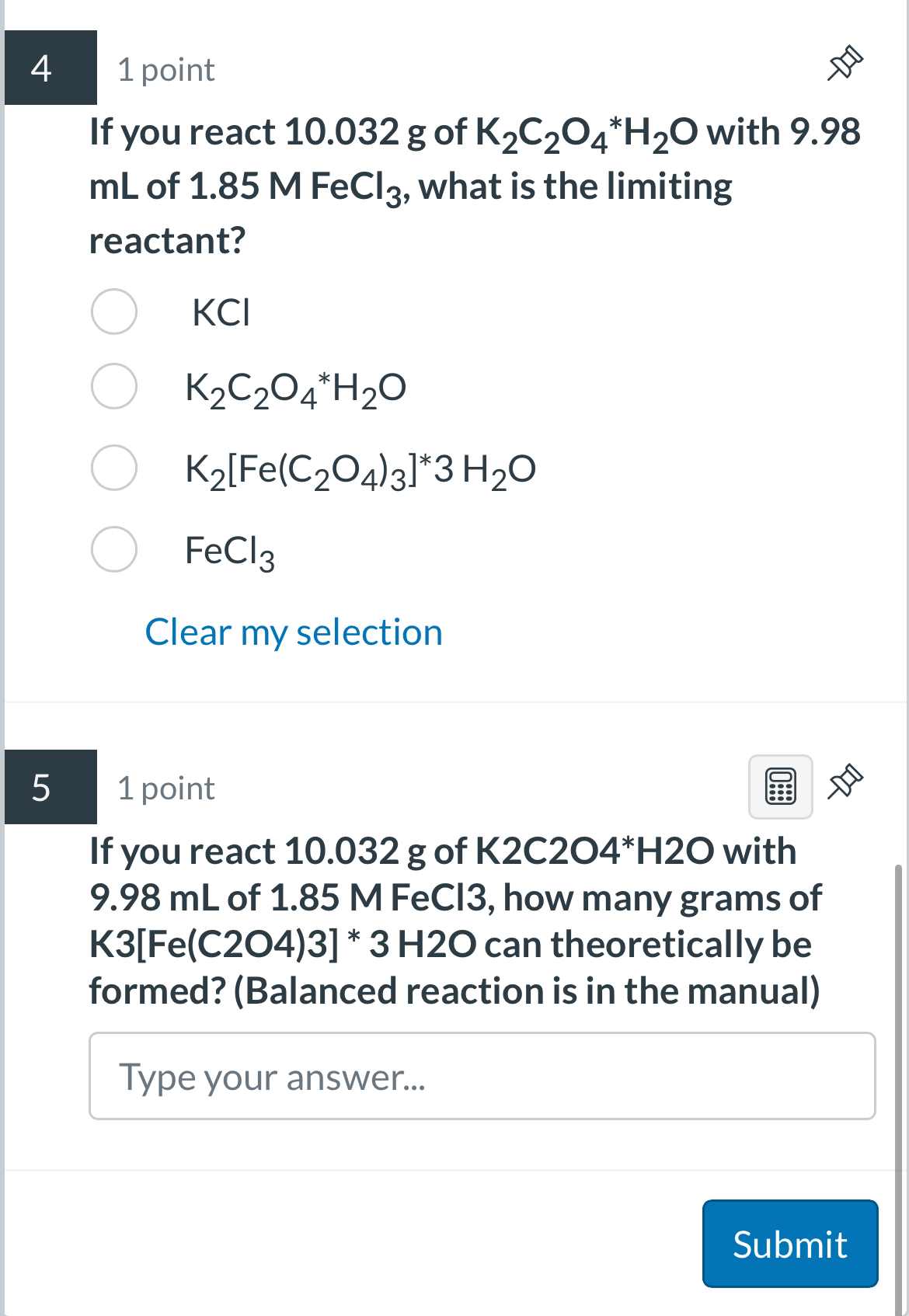Solved 41 ﻿pointIf you react 10.032g ﻿of K2C2O4**H2O ﻿with | Chegg.com