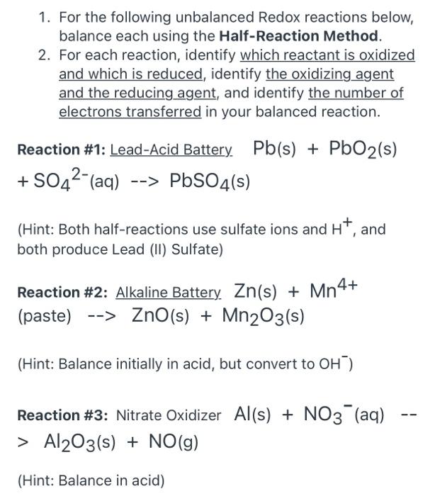 Solved 1. For the following unbalanced Redox reactions | Chegg.com
